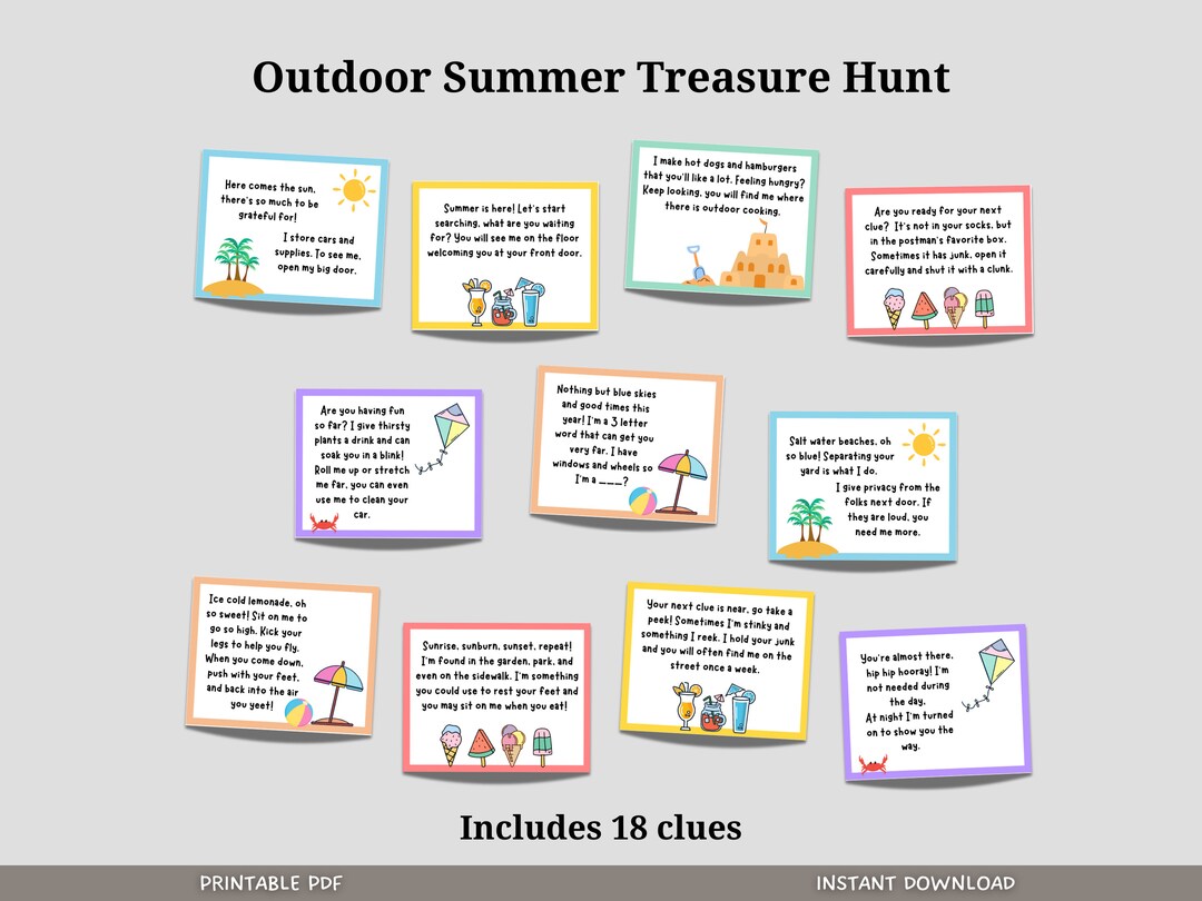 Summer Scavenger Hunt for Kids, Printable Outdoor Treasure Hunt Clues ...