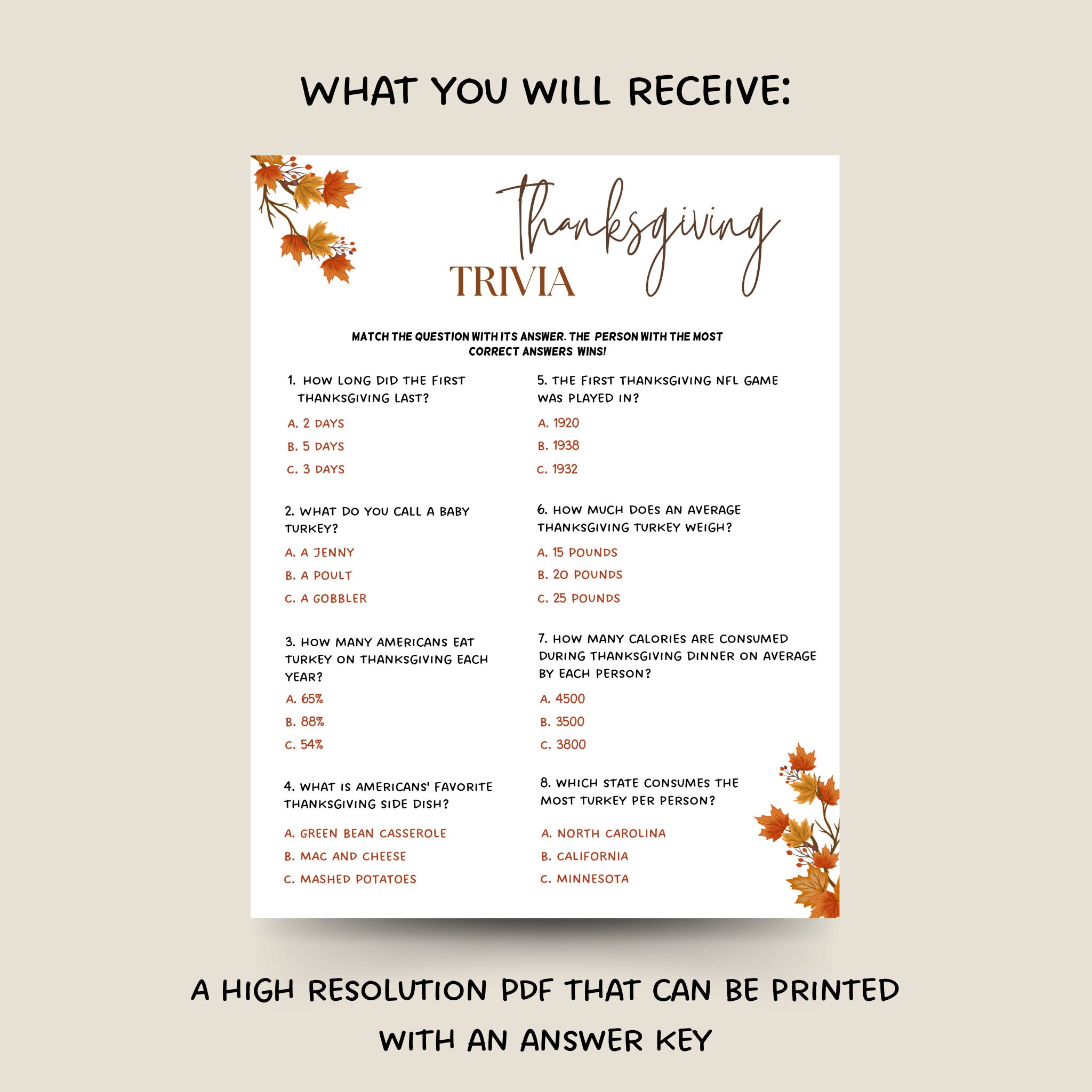 Thanksgiving Trivia Game Printable, Fun Friendsgiving Game, Turkey Day ...