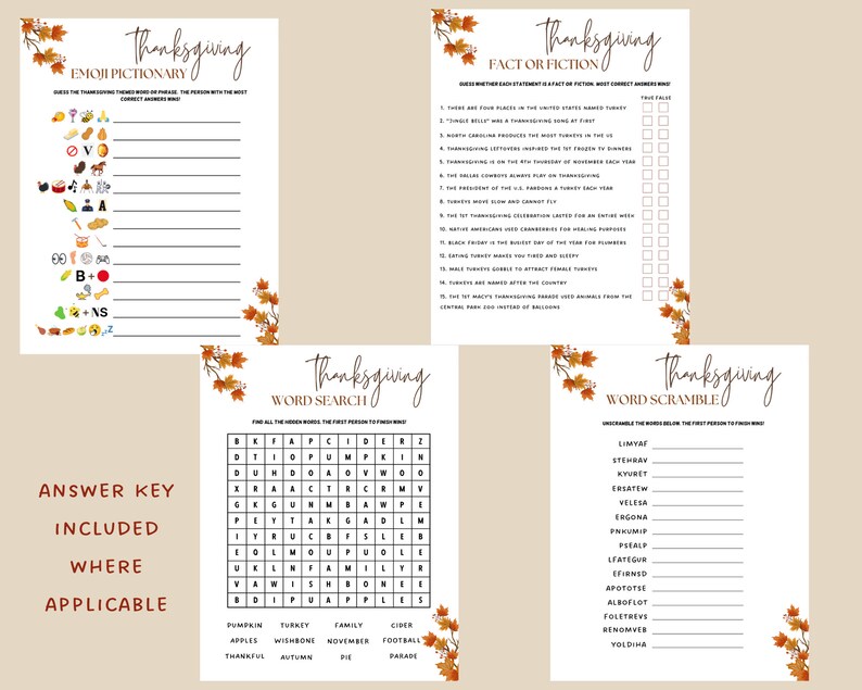 Thanksgiving Games Bundle Printable Fall Holiday Games - Etsy
