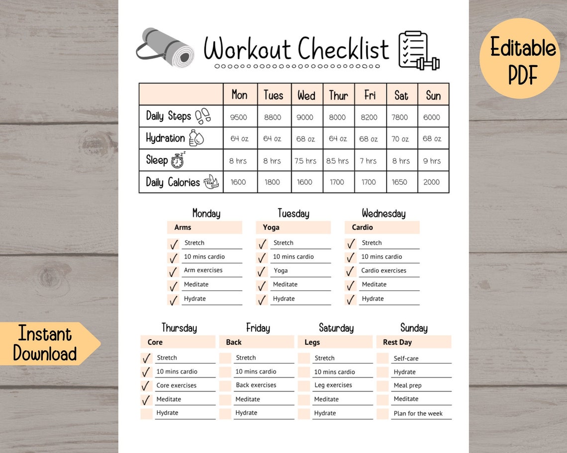 Workout Checklist Editable Daily Workout Routine Chart - Etsy