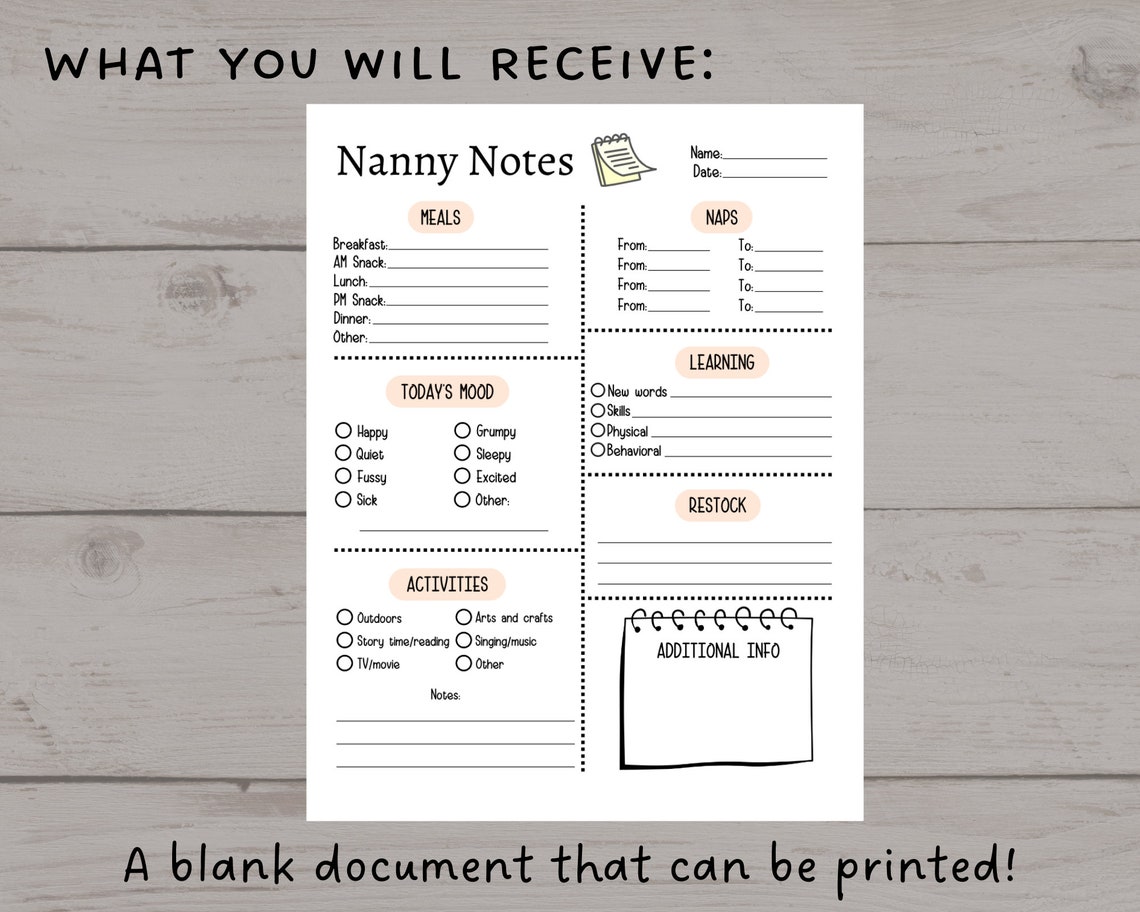 Nanny Notes Printable Nanny Information Sheet Daycare - Etsy