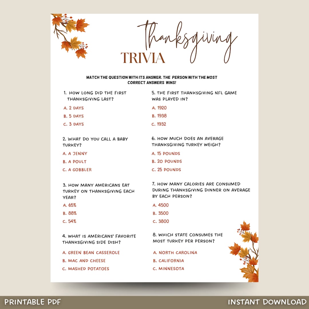 Thanksgiving Trivia Game Printable, Fun Friendsgiving Game, Turkey Day ...