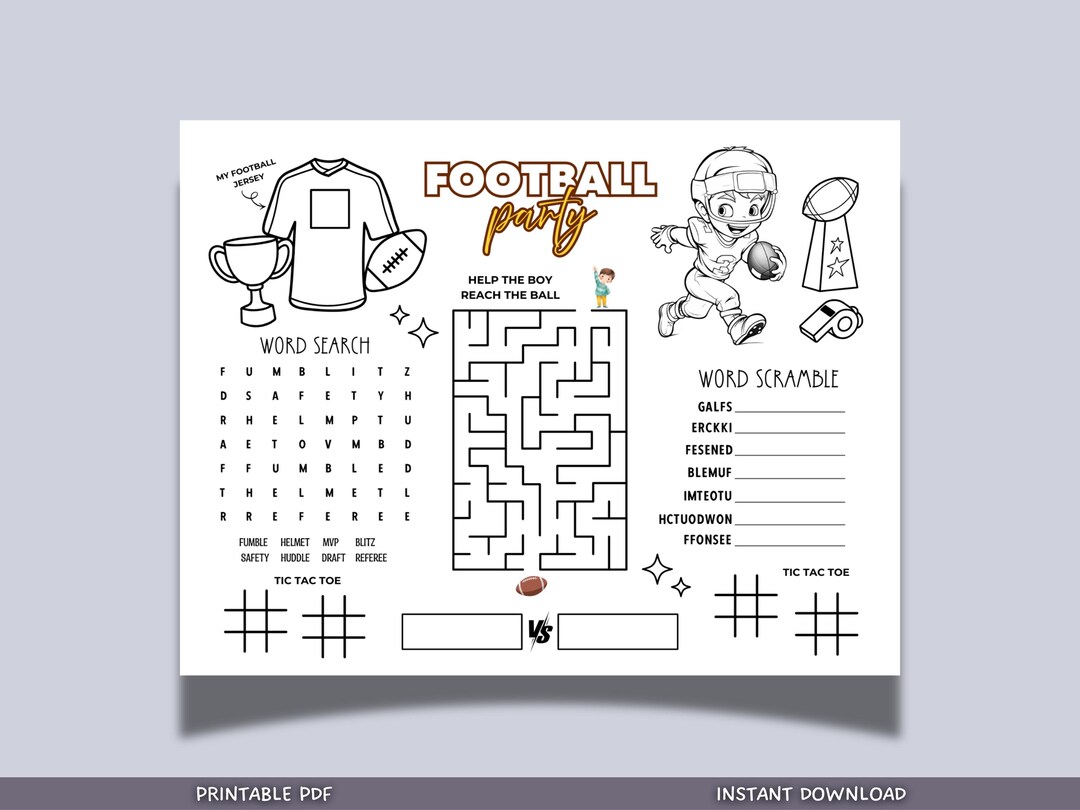 Football Activity Sheet Printable for Kids, Coloring Placemat Game ...