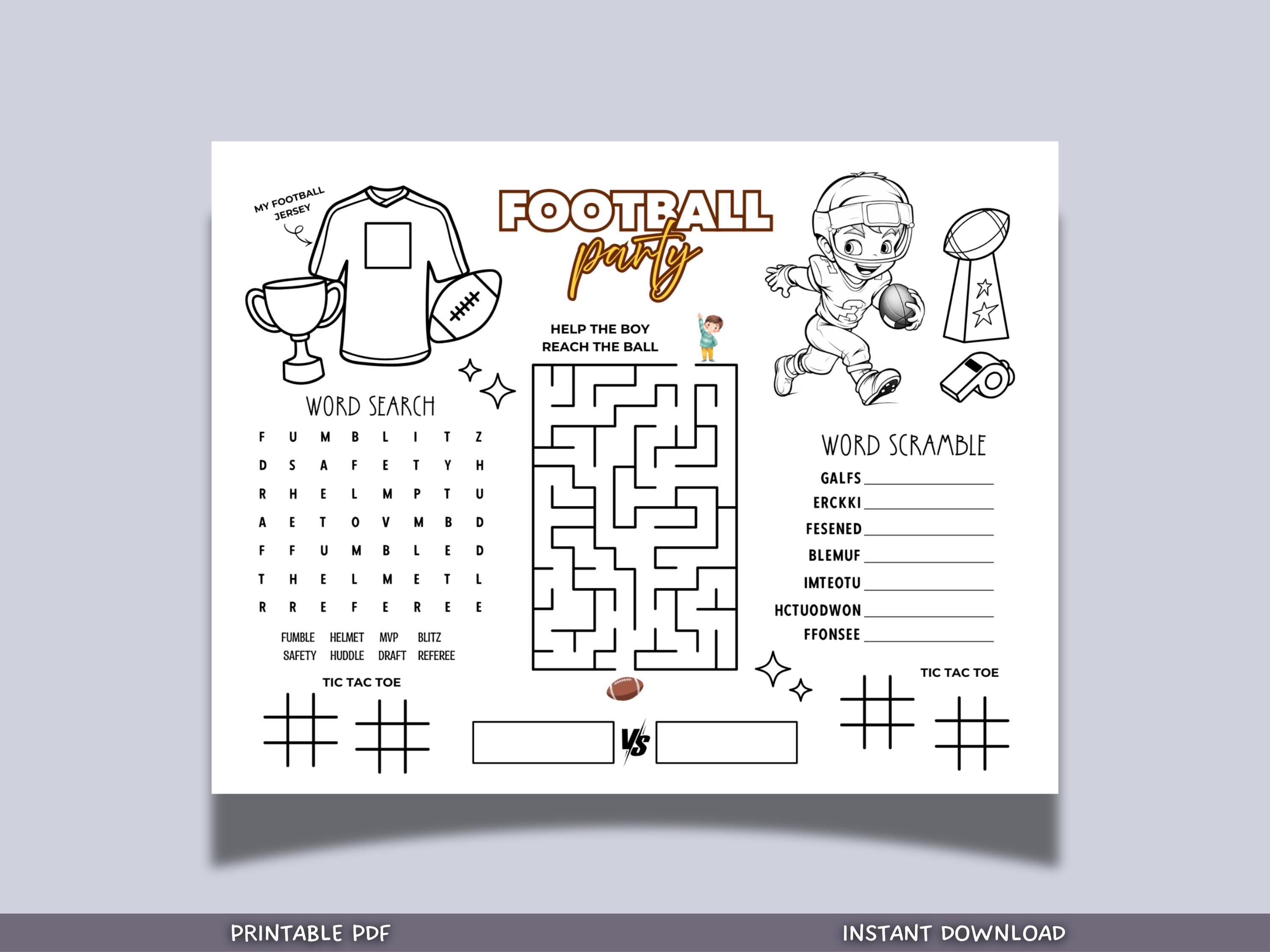 Football Activity Sheet Printable for Kids, Coloring Placemat Game ...