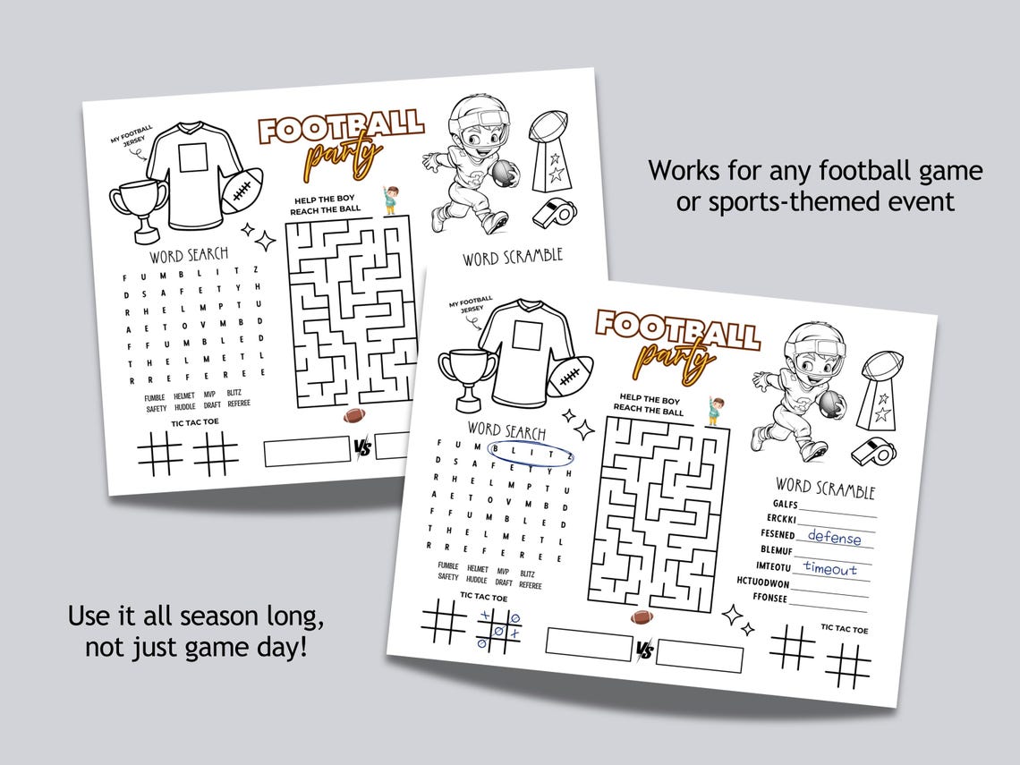 Football Activity Sheet Printable for Kids, Coloring Placemat Game ...
