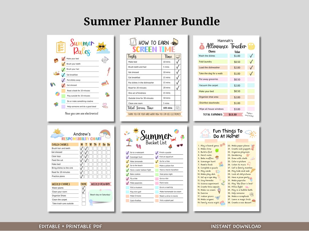 Editable Summer Planner Bundle Printable, Summer Chore Chart for Kids ...