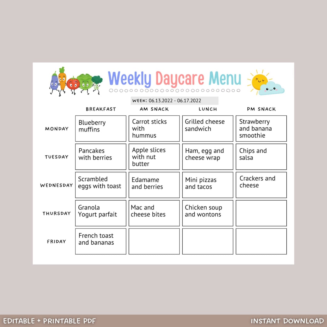 Daycare Weekly Menu Printable, Home Daycare Monthly Meal Planner ...
