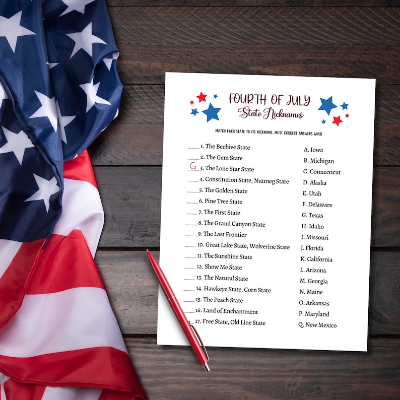 July 4th State Nicknames Game Printable, Independence Day Party Ideas ...