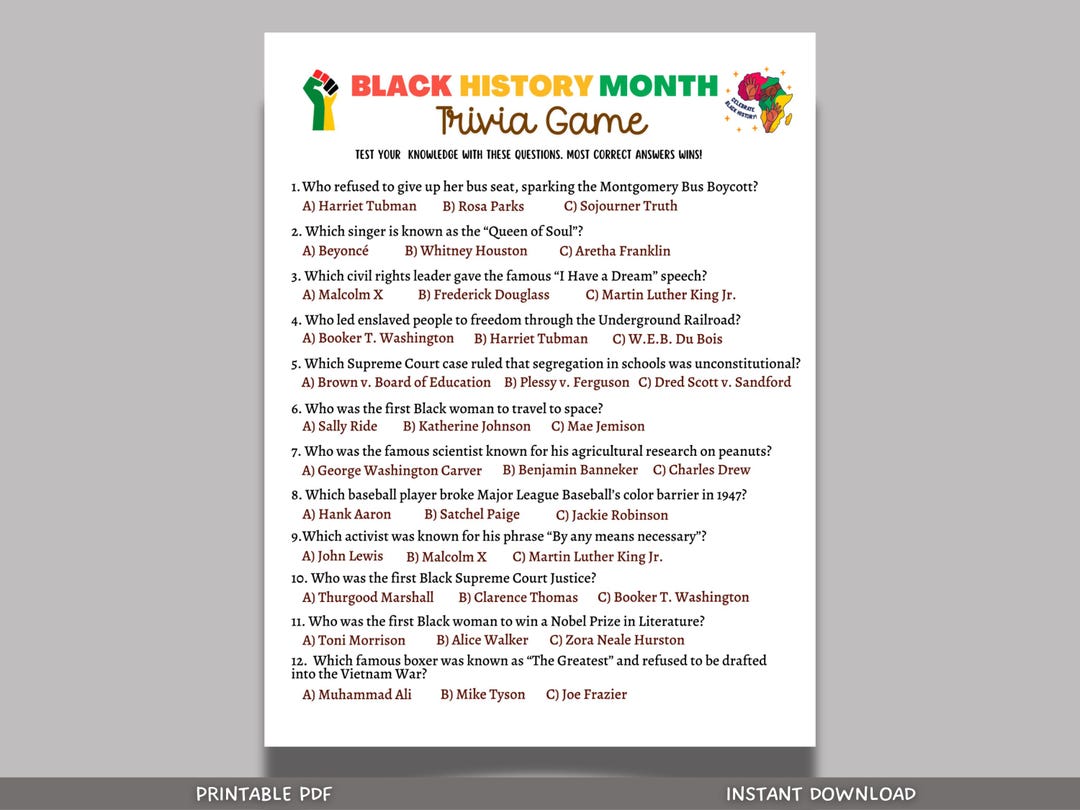 Black History Month Trivia Game Printable Historical African American ...