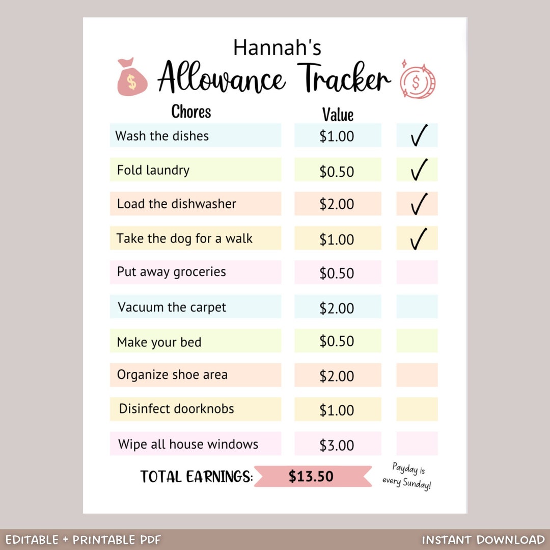 Editable Allowance Chart for Kids Allowance Tracker - Etsy