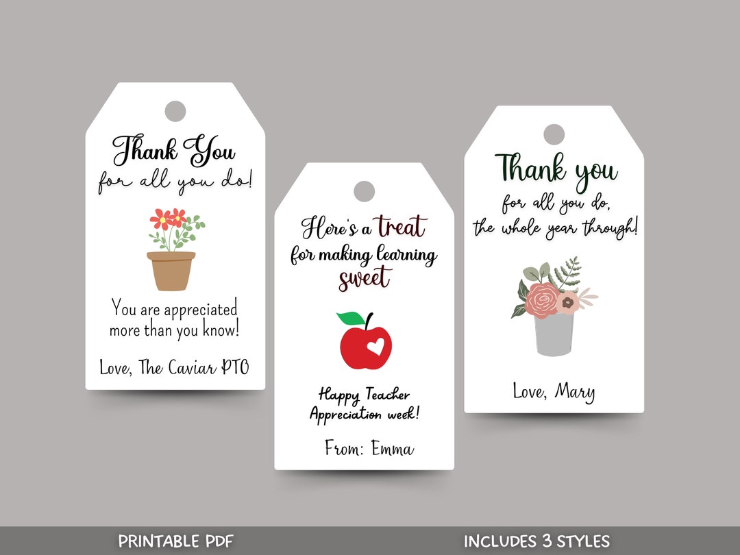 Teacher Appreciation Gift Tags Editable, Printable Custom Thank You ...