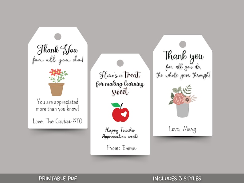 Teacher Appreciation Gift Tags Editable, Printable Custom Thank You ...