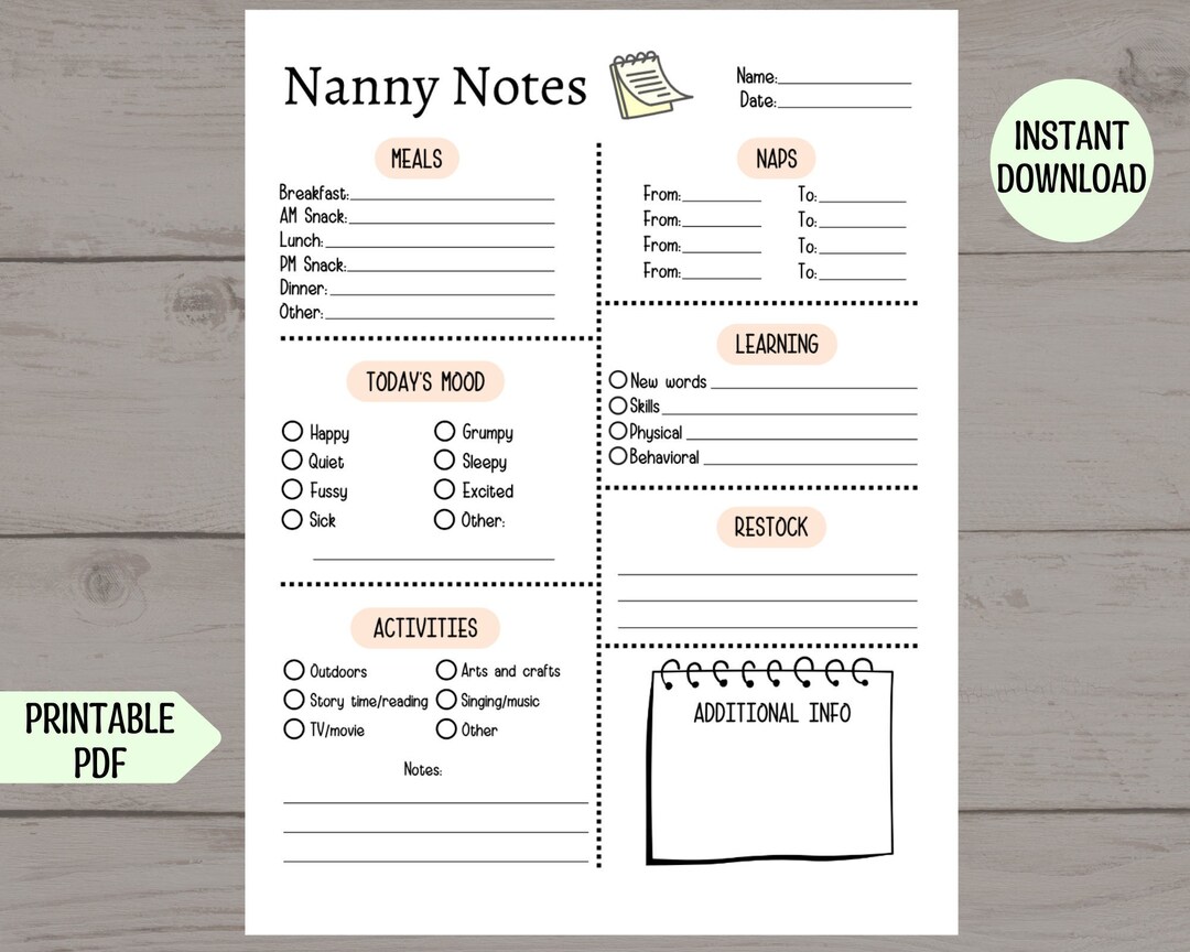Nanny Notes Printable Nanny Information Sheet Daycare - Etsy