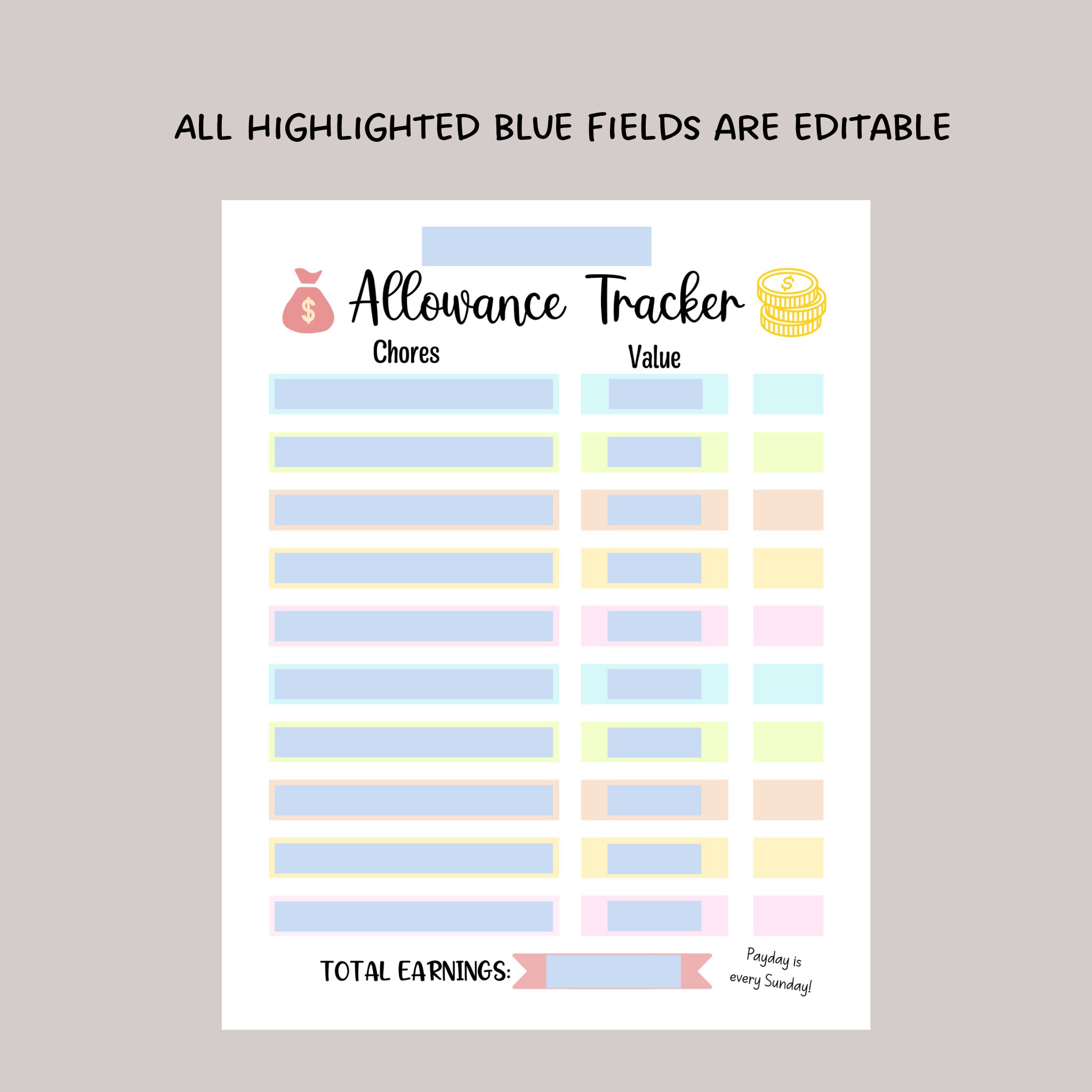 Editable Allowance Chart for Kids | Allowance Tracker | Editable Chore ...
