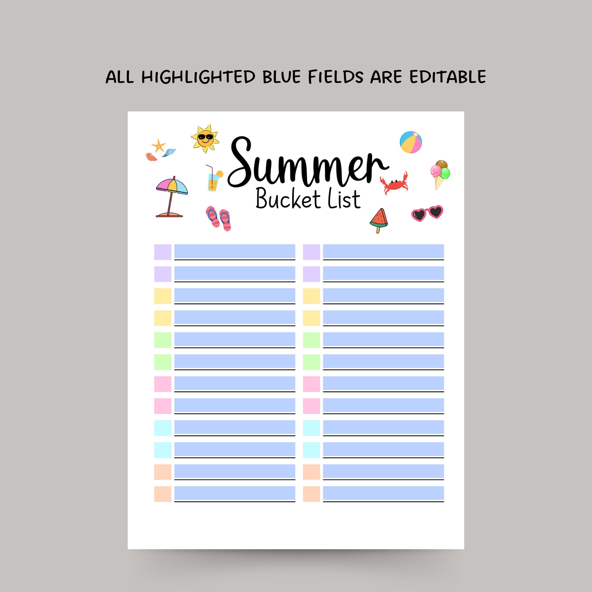 Summer Bucket List Printable, Editable Summer Break Template, Fun ...