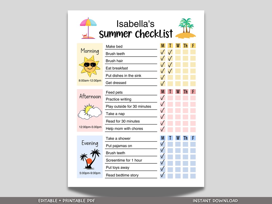 Kids Daily Summer Checklist Schedule Printable, Editable Chore Chart ...