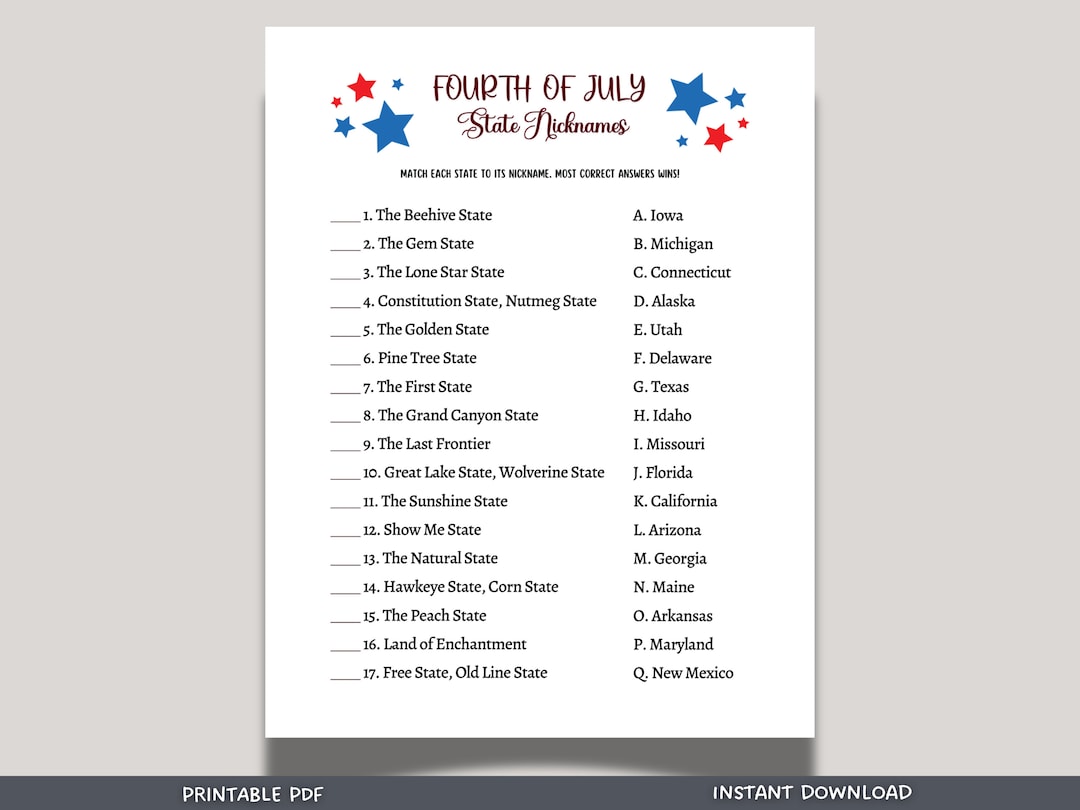 July 4th State Nicknames Game Printable, Independence Day Party Ideas ...