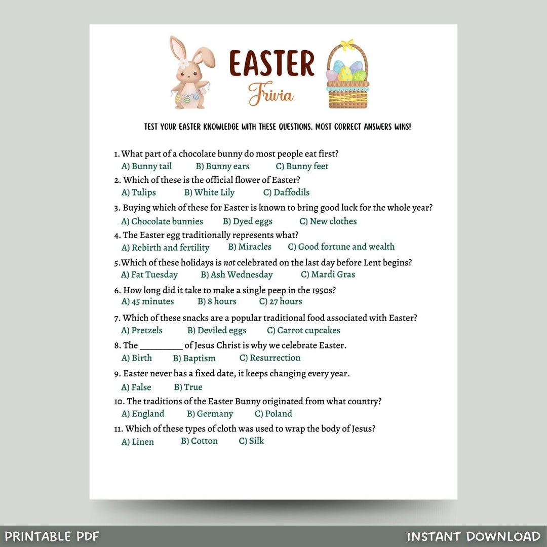 Easter Trivia Party Game Printable, Easter Games, Easter Activity for ...