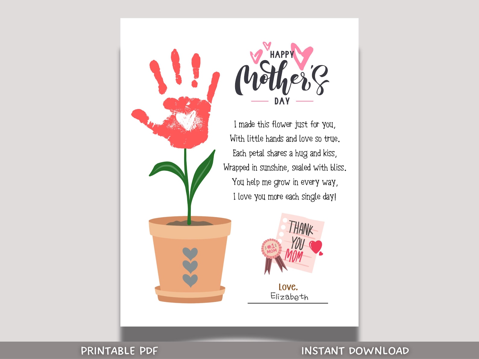 Mothers Day Handprint Poem Craft for Kids Printable, DIY Card Art ...