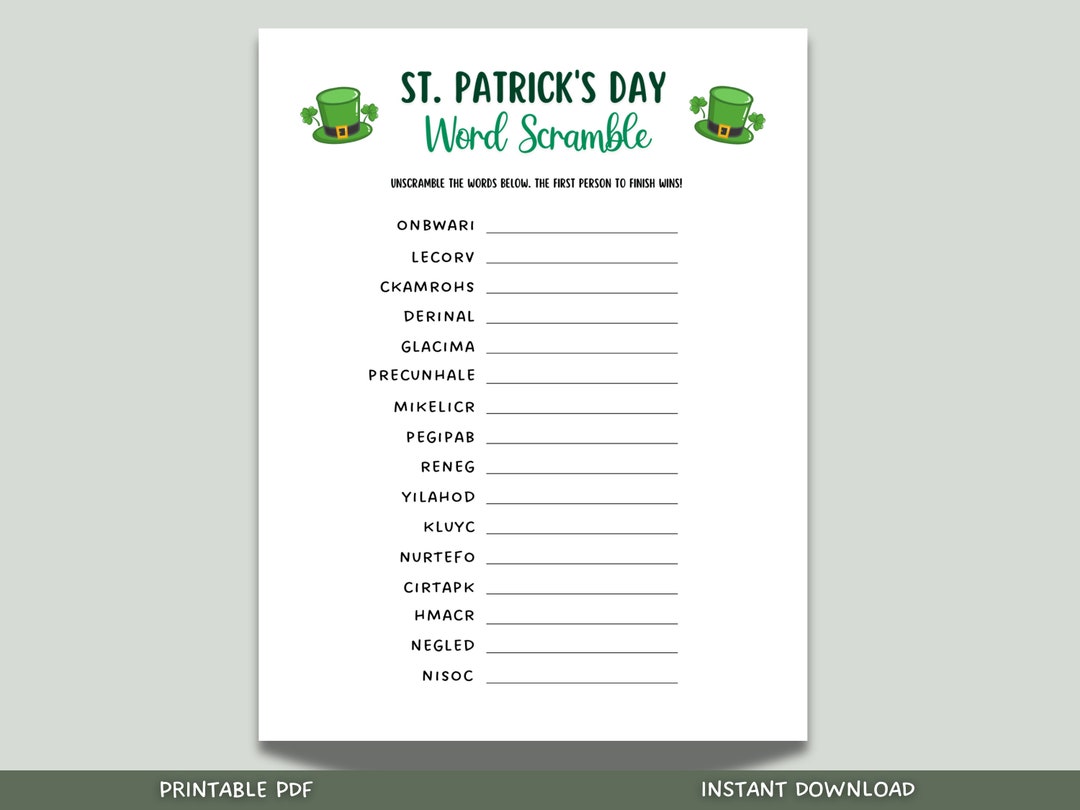 St Patricks Day Word Scramble Game Printable, St. Pattys Day Unscramble ...