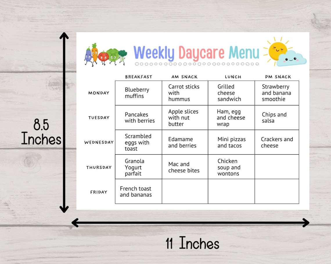 Daycare Weekly Menu Printable Home Daycare Monthly Meal - Etsy