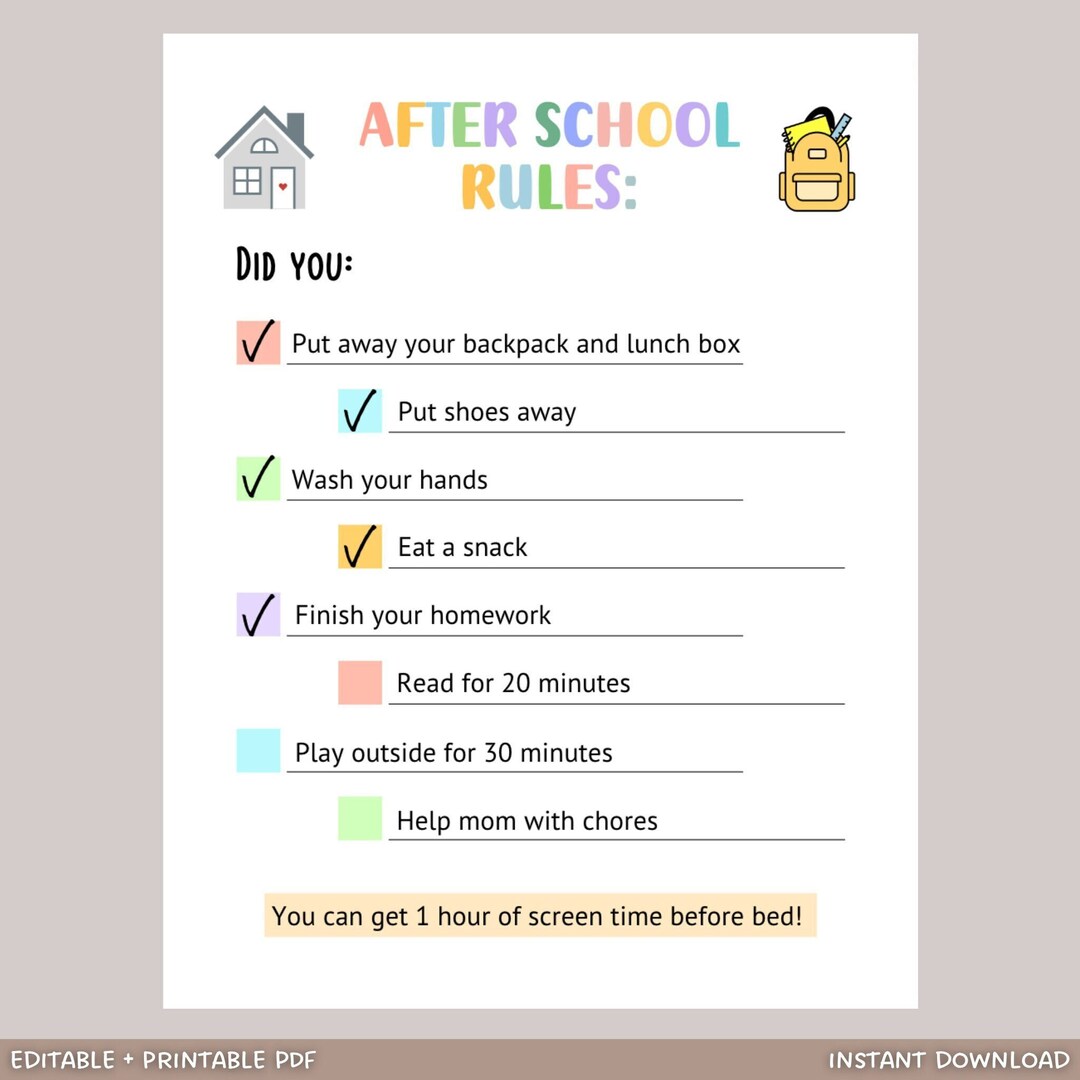 Editable After School Rules Printable After School Checklist - Etsy