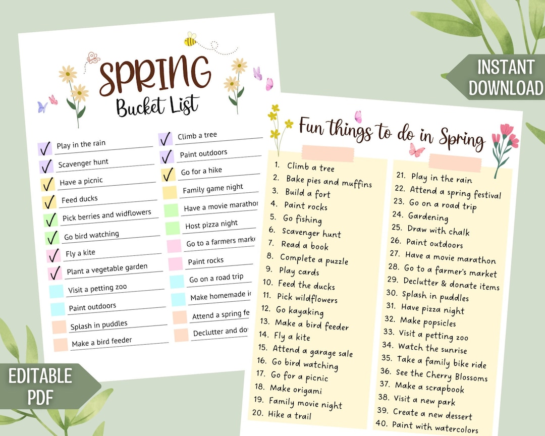 Editable Spring Bucket List Printable Fun Spring Activities - Etsy