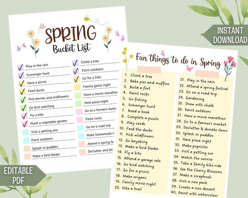 Editable Spring Bucket List Printable Fun Spring Activities - Etsy
