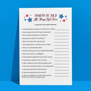 4th of July All Things Red Trivia Game Printable, Independence Day ...