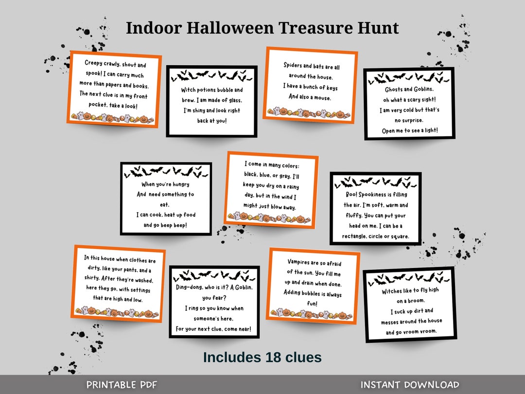 Indoor Halloween Treasure Hunt for Kids, Halloween Scavenger Hunt Clues ...
