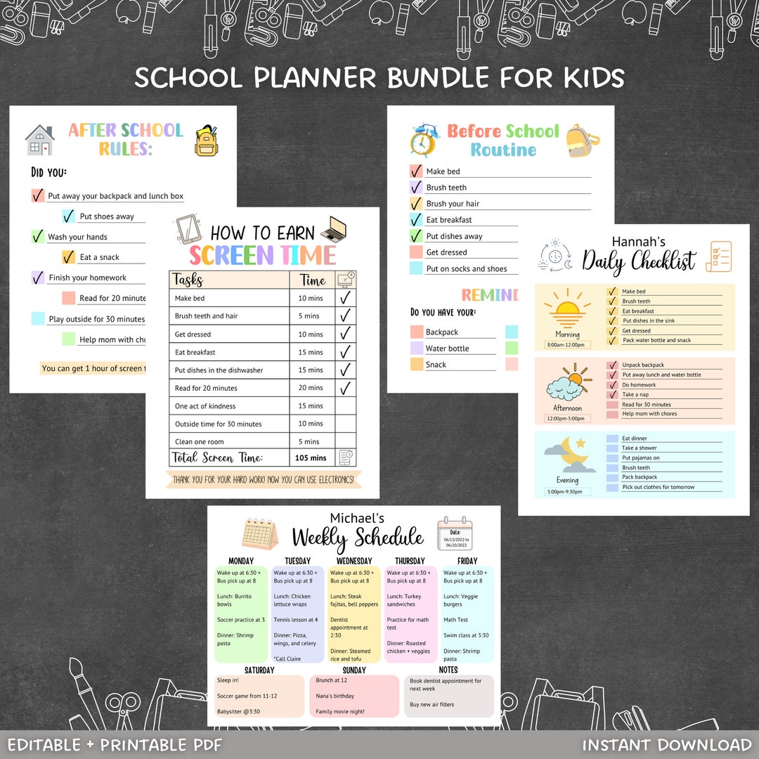 Editable School Planner Kids Printable, Back to School Bundle ...