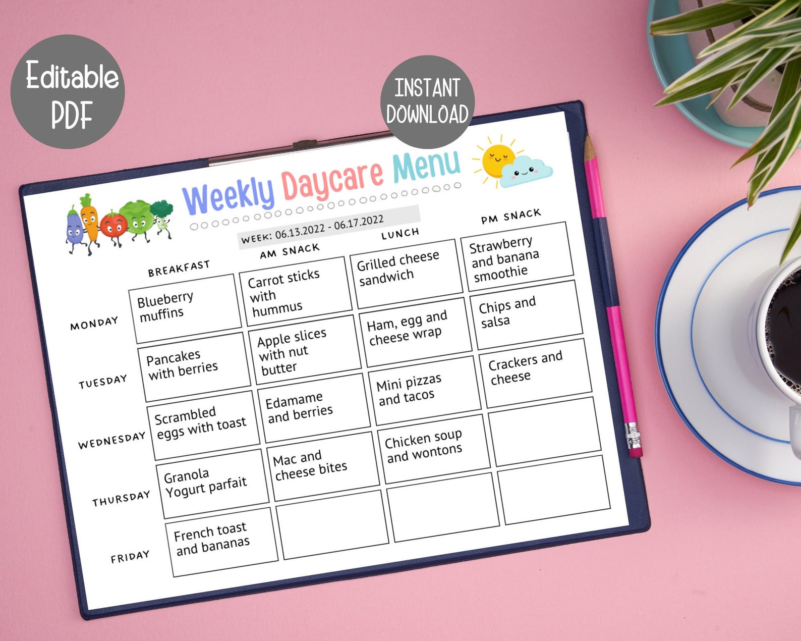 Daycare Weekly Menu Printable Home Daycare Monthly Meal - Etsy
