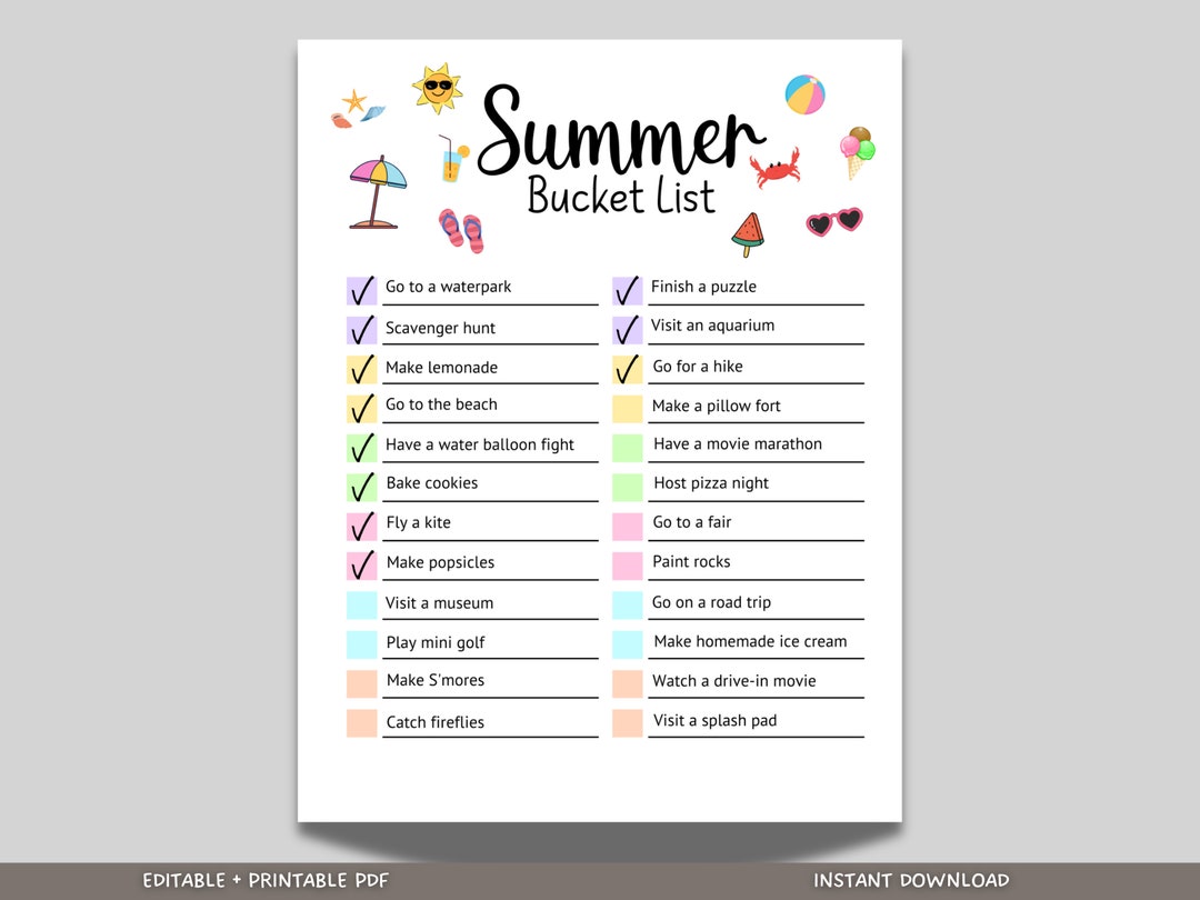 Summer Bucket List Printable, Editable Summer Break Template, Fun ...