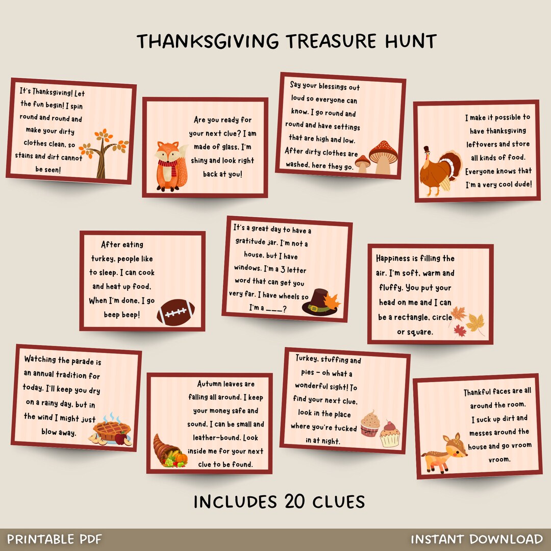 Thanksgiving Scavenger Hunt for Kids, Thanksgiving Treasure Hunt Clues ...