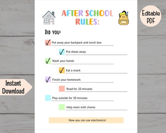 Editable After School Rules Printable After School Checklist - Etsy UK