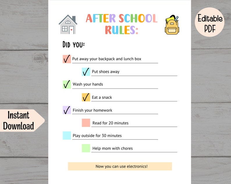 Editable After School Rules Printable After School Checklist - Etsy