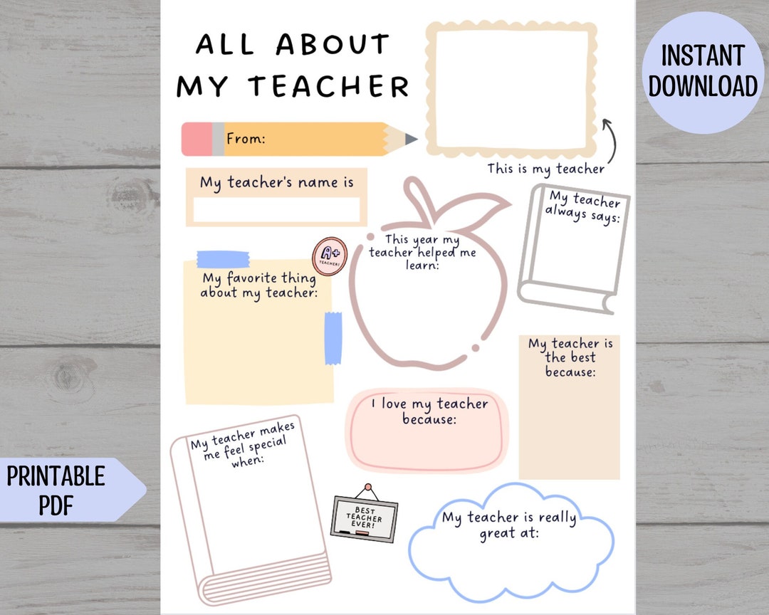 All About My Teacher Printable Teacher Appreciation Week - Etsy