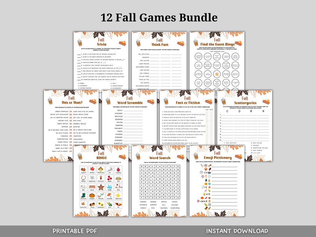 Fall Games Bundle Printable, Fun Autumn Games, Fall Activity Adults ...