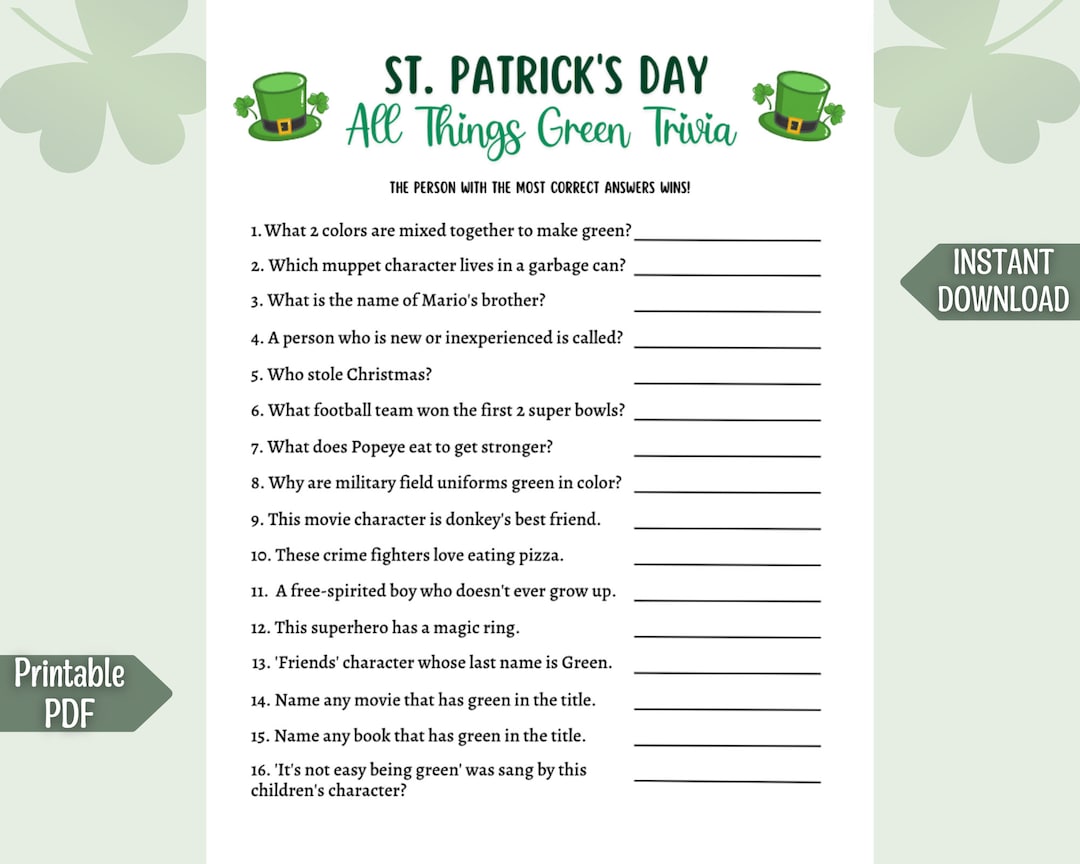 St. Patrick's Day Green Trivia Game Printable All Things - Etsy