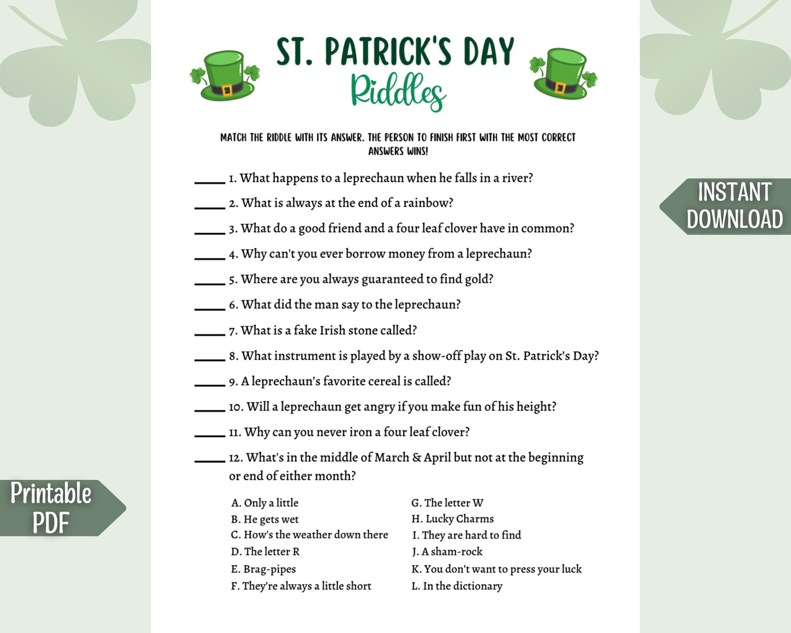 St Patrick's Day Riddles Game Printable St Pattys Riddle - Etsy