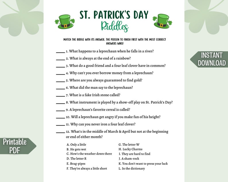 St Patrick's Day Riddles Game Printable St Pattys Riddle - Etsy