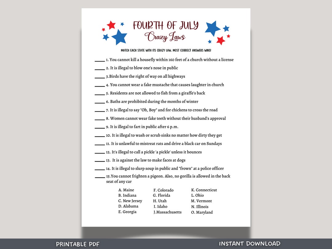 4th of July Crazy Laws Game Printable, Independence Day Party Ideas ...
