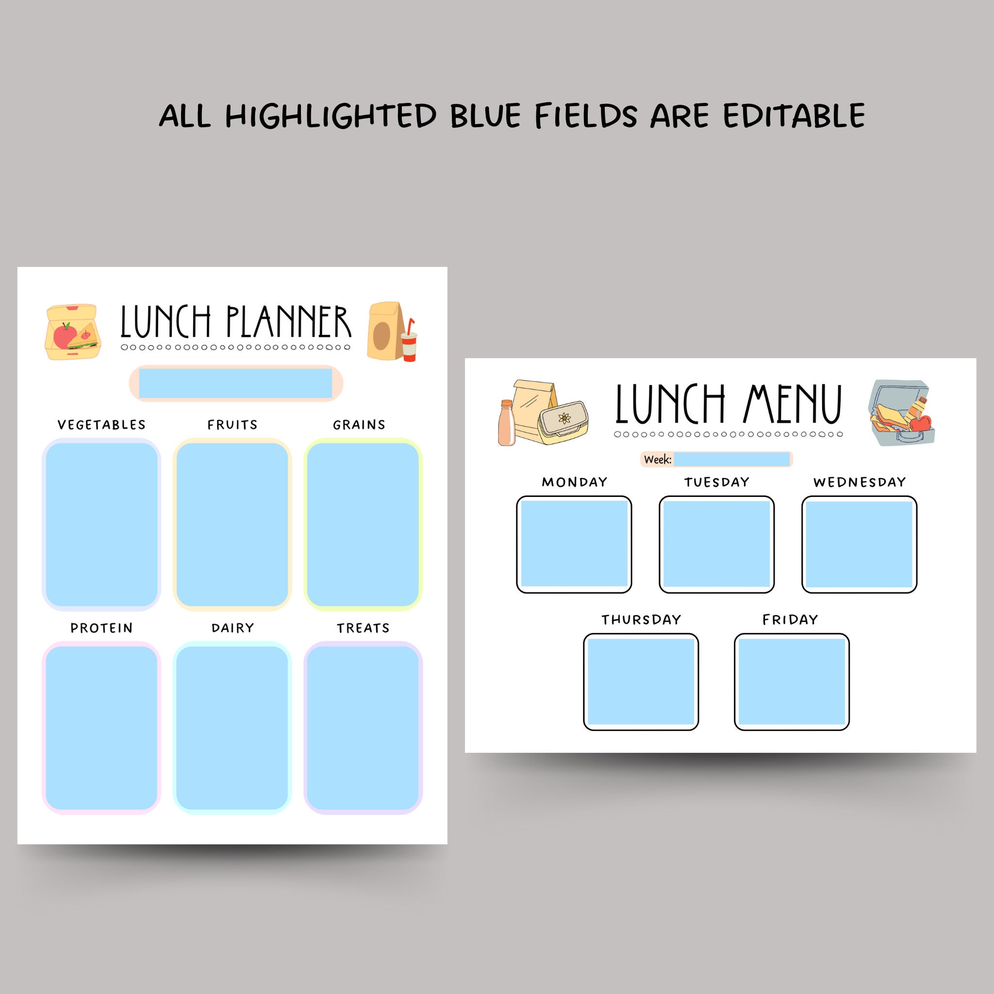 School Lunch Meal Planner Printable, Editable Lunch Menu Kids, Weekly ...
