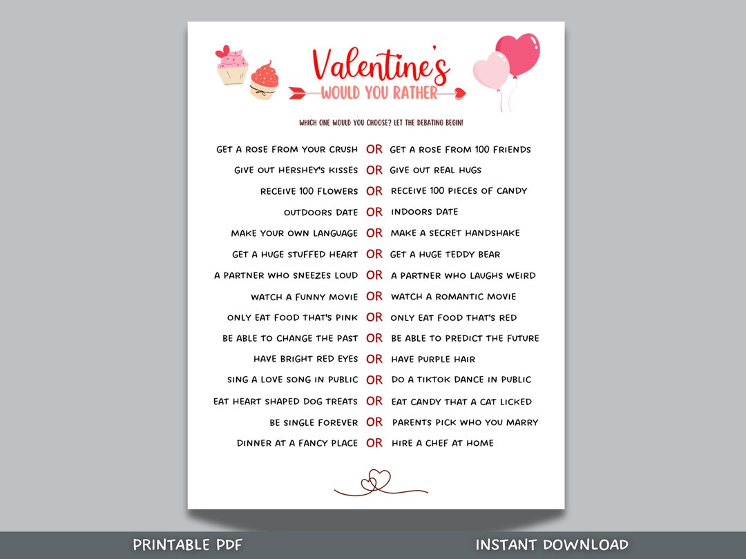 Valentine's Day Would You Rather Game Printable, This or That Game ...