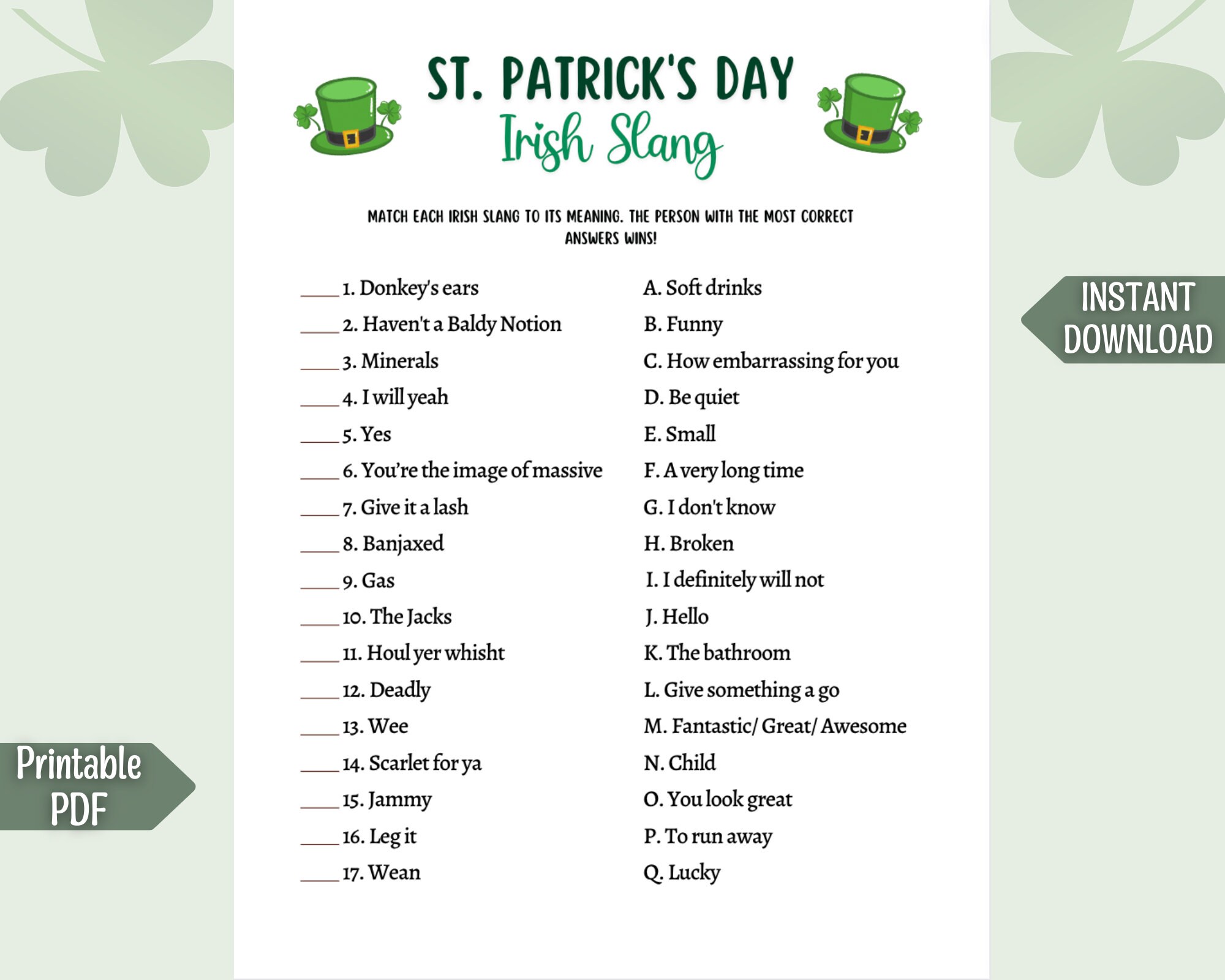 St Patrick's Day Irish Slang Game Printable St - Etsy