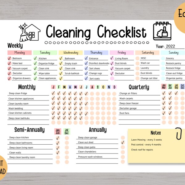Yearly Cleaning Checklist Template - Etsy