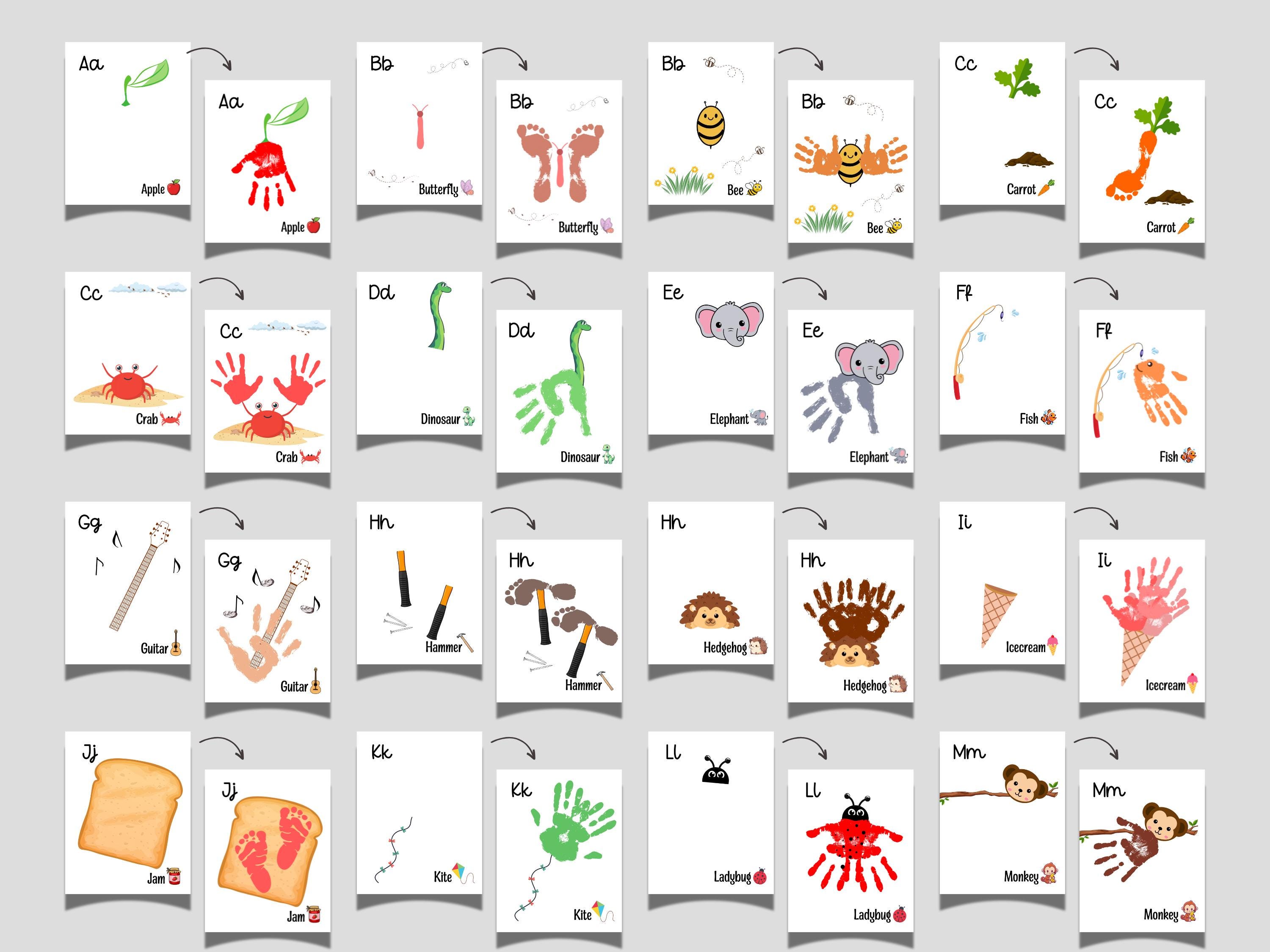 A-Z Alphabet Handprint Footprint Crafts Printable, ABC Memory Phonic ...