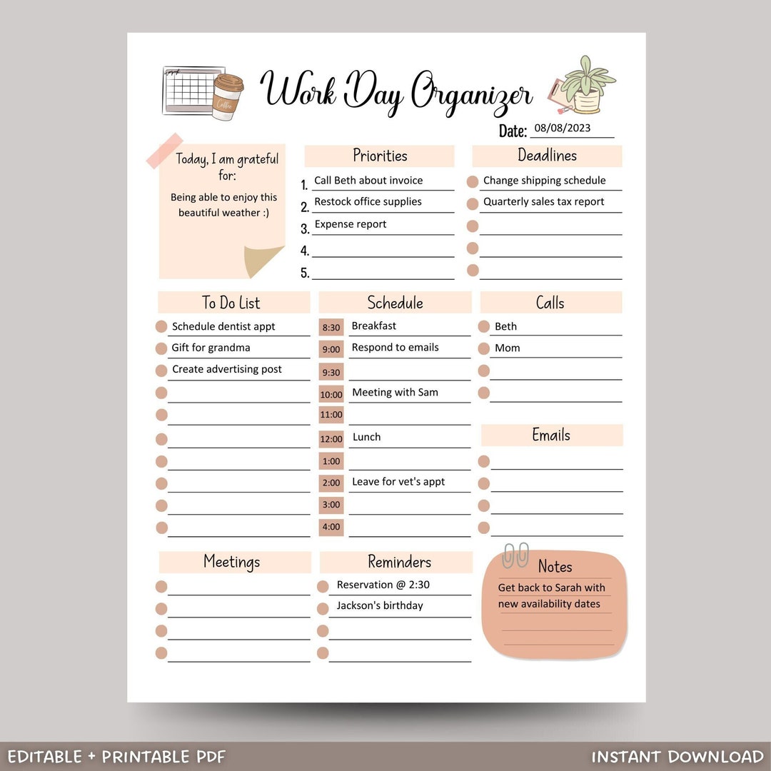 Work Day Organizer Editable Fillable, Printable Work Planner, Daily ...