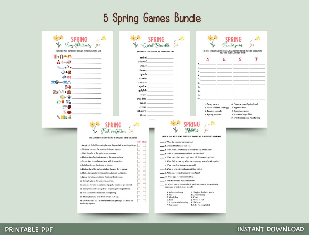 Spring Games Bundle Printable, Spring Activities Adults & Kids, Spring ...