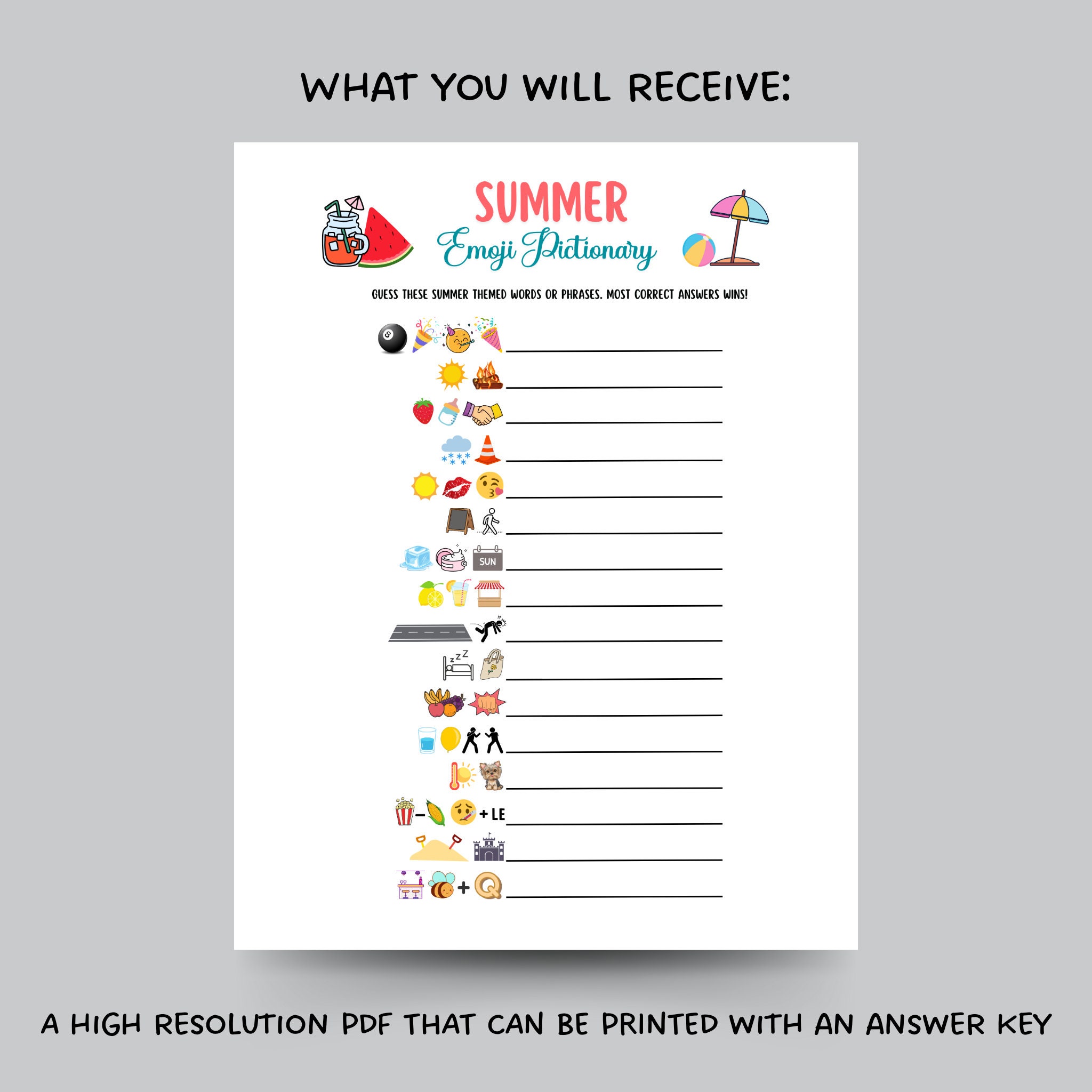 Summer Emoji Pictionary Game Printable, Summertime Activities for ...